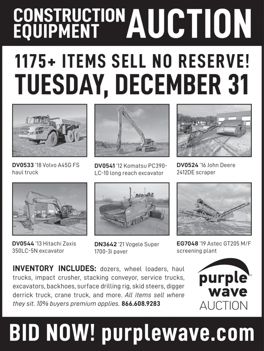 Construction Equipment Auction, Purple Wave Auction, Manhattan, KS