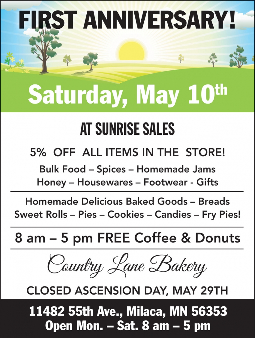 5% OFF All Items int the Store!, Country Lane Bakery, Milaca, MN