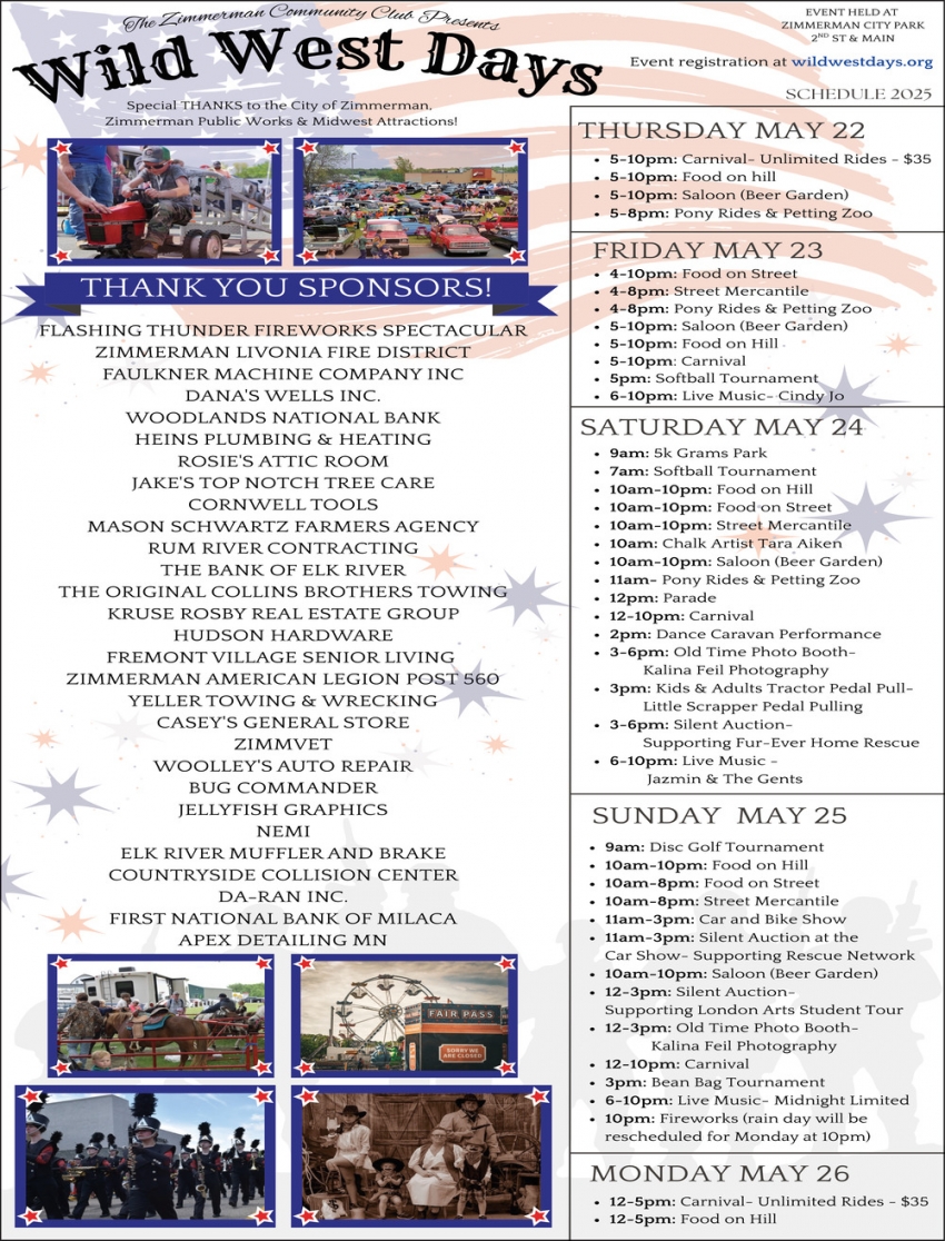 Event Schedule 2024, Wild West Days, Zimmerman, MN