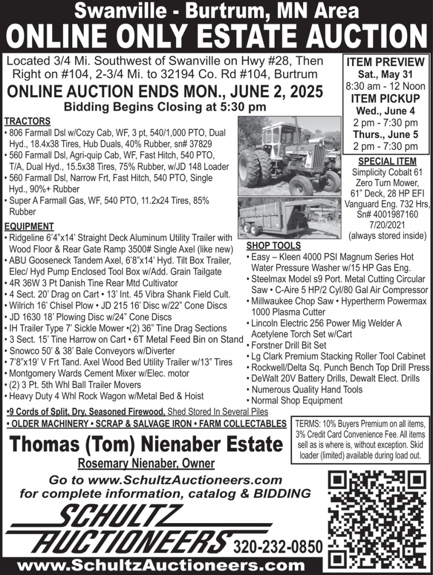 Online Only Estate Auction, Schultz Auctioneers , Upsala, MN