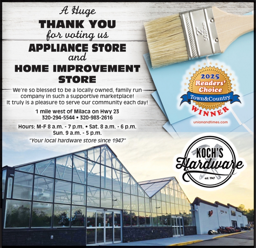 Best Appliance Store, Koch's Hardware Hank, Milaca, MN