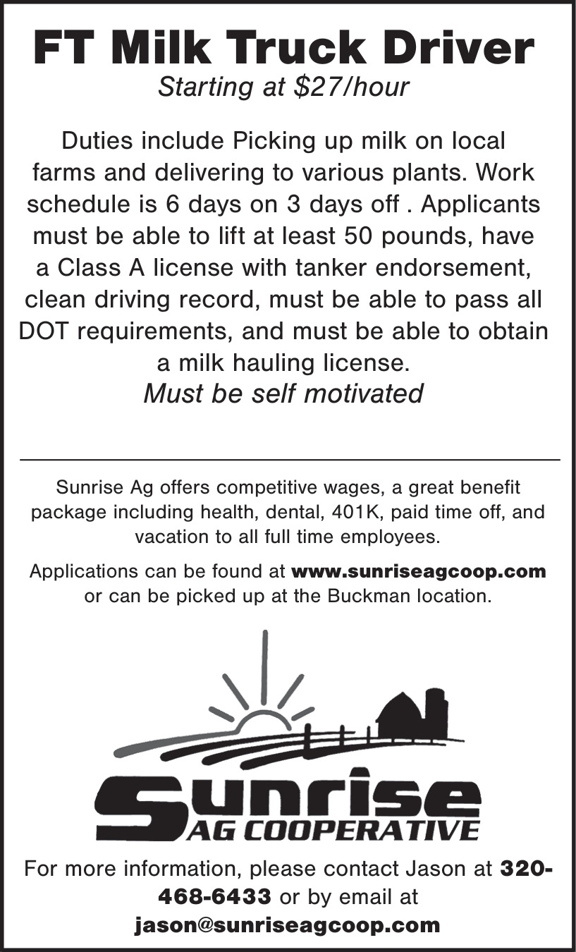 Milk Truck Driver, Sunrise AG Cooperative, Buckman, MN
