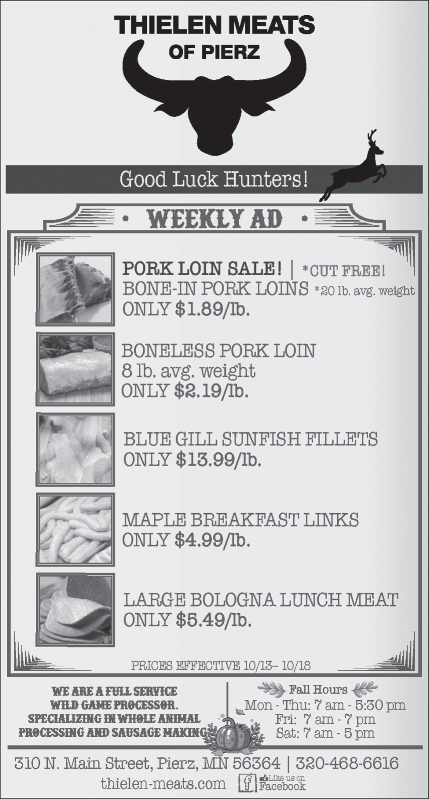 Weekly Sales, Thielen Meats Of Pierz, Pierz, MN